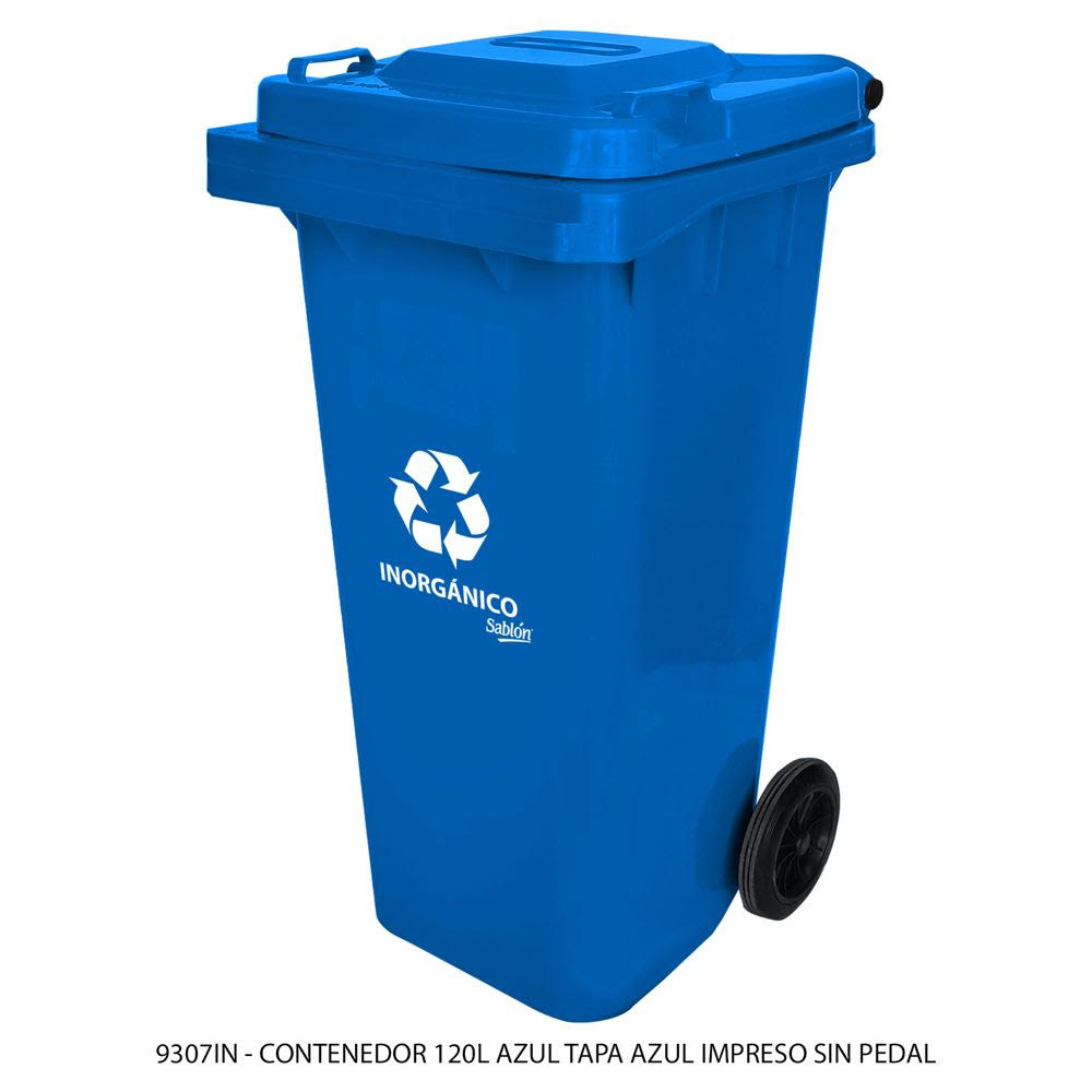 Contenedor de basura de 120 litros color azul con tapa de color azul ...